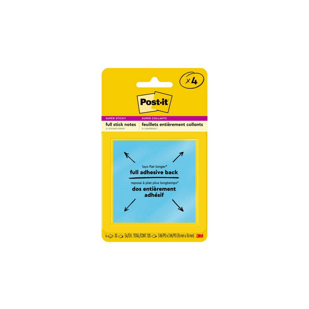 Post-it 4pk 3" x 3" Super Sticky Full Adhesive Notes 30 Sheets/Pad - E ...